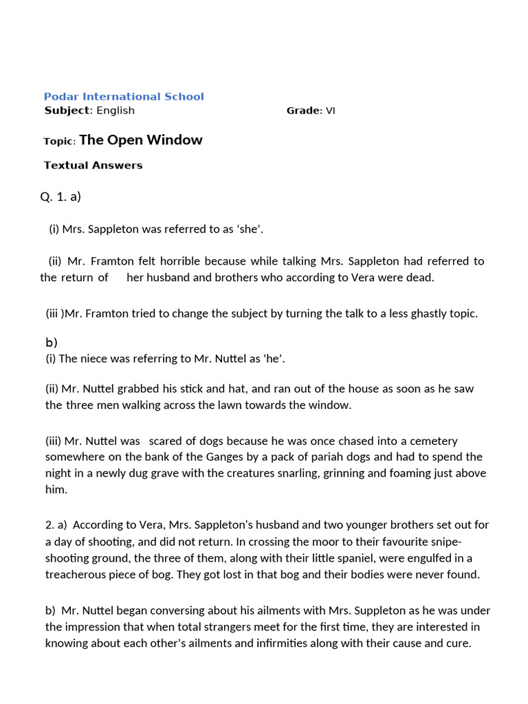 The Open Window 6th Icse For Podar | PDF