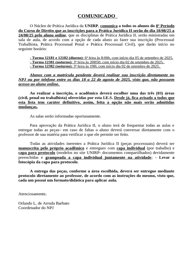 Comunicado - Diurno e Noturno | PDF