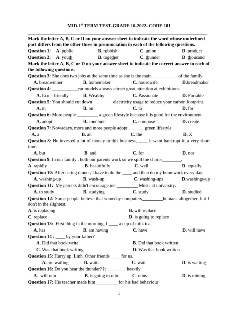Mid Term Test 2023 Grade 10 Code 101 102 103 1 | PDF | Family | Housewife