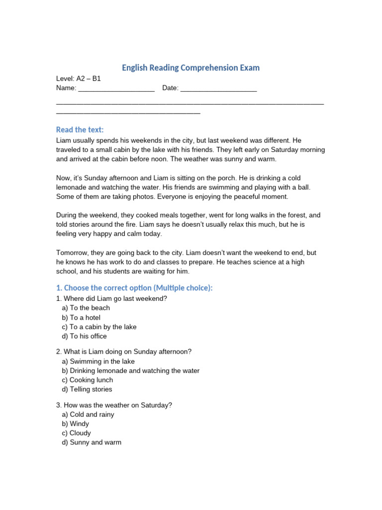 A2-B1 Reading Comprehension Test | PDF