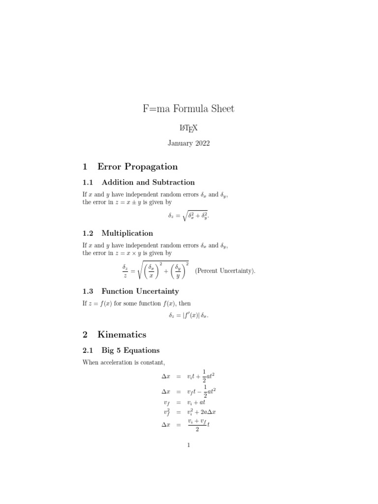 F=ma Formula Reference Guide | PDF | Force | Torque