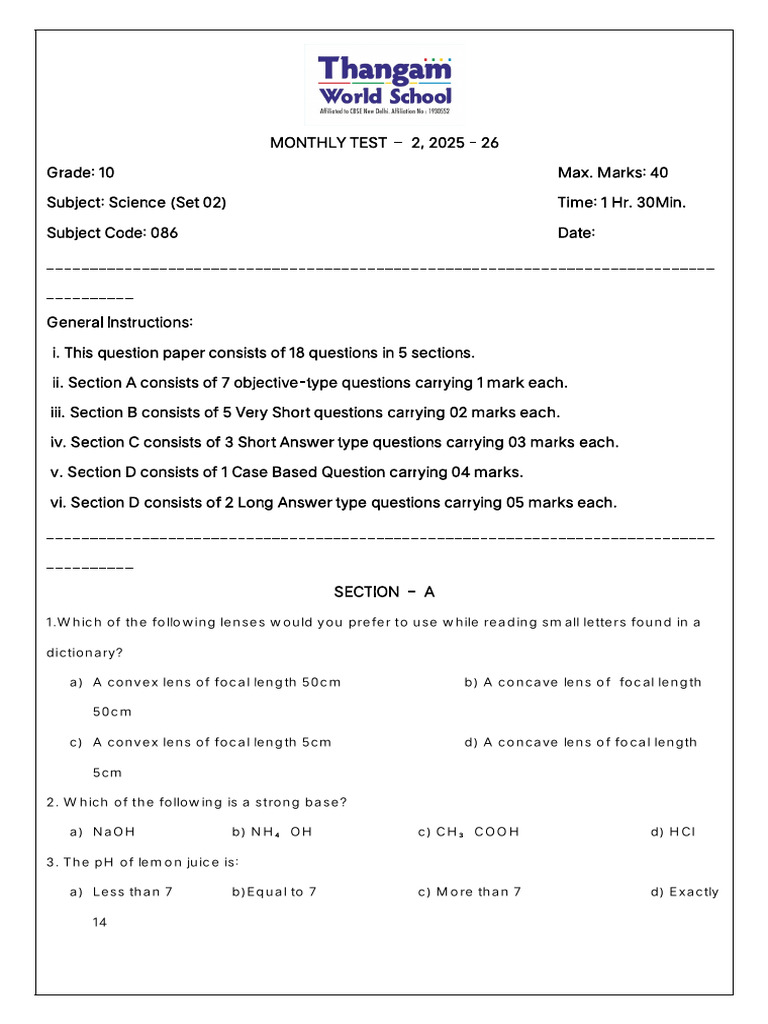 Grade 10 Science Monthly Test 2025 | PDF