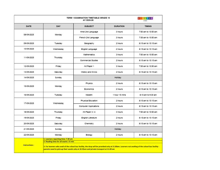 Grade 10 CISCE Term 1 Timetable AY25-26 | PDF