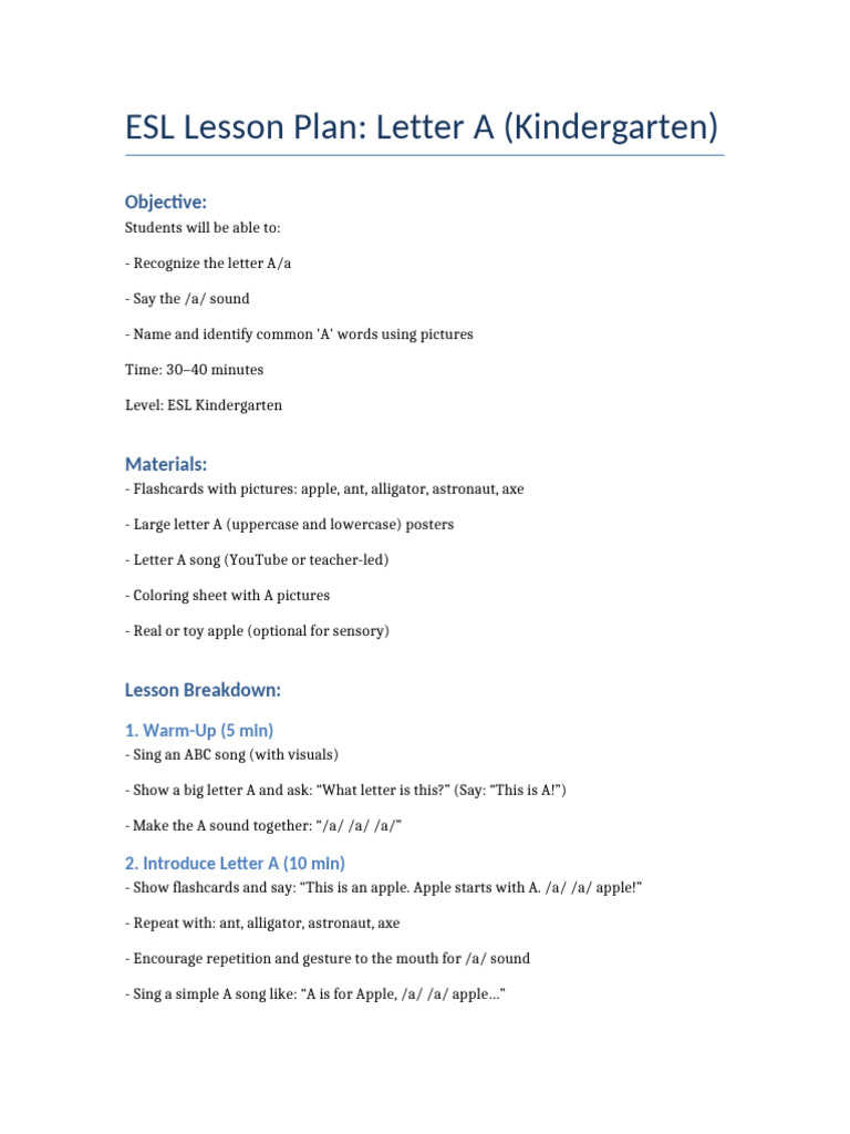 ESL Lesson Plan Letter A | PDF