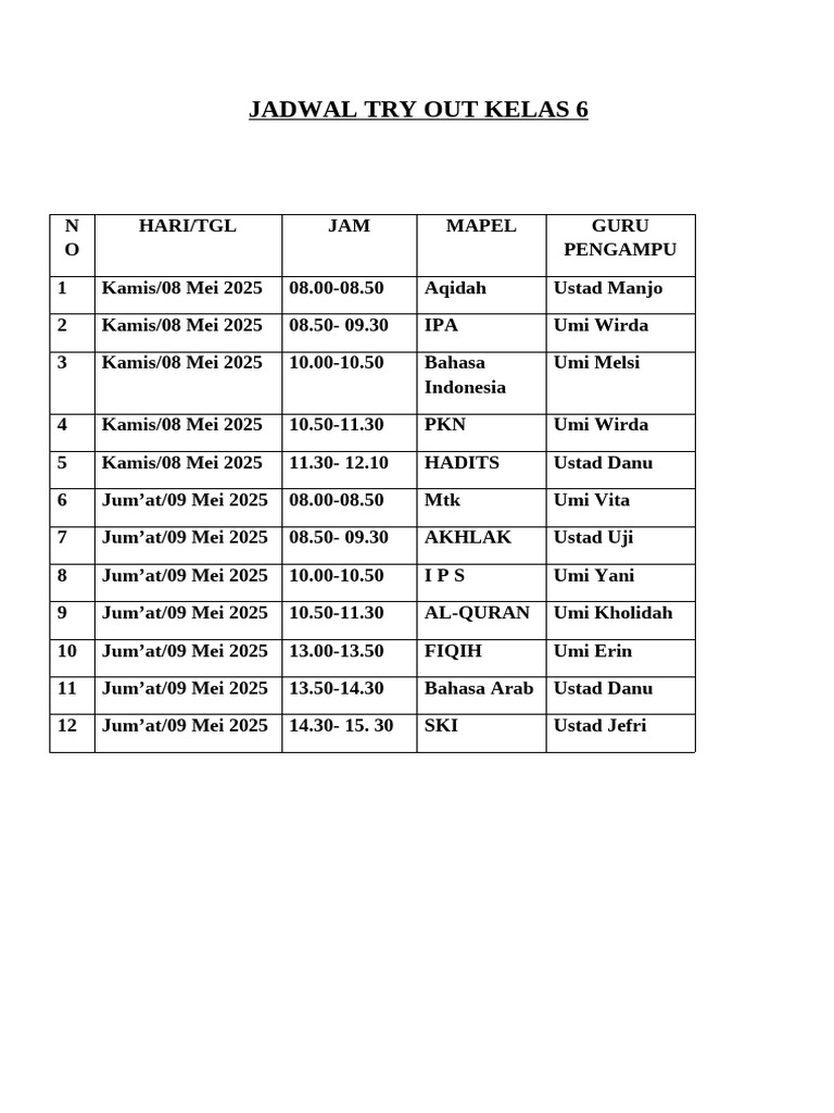 Jadwal Try Out Kelas 6 | PDF