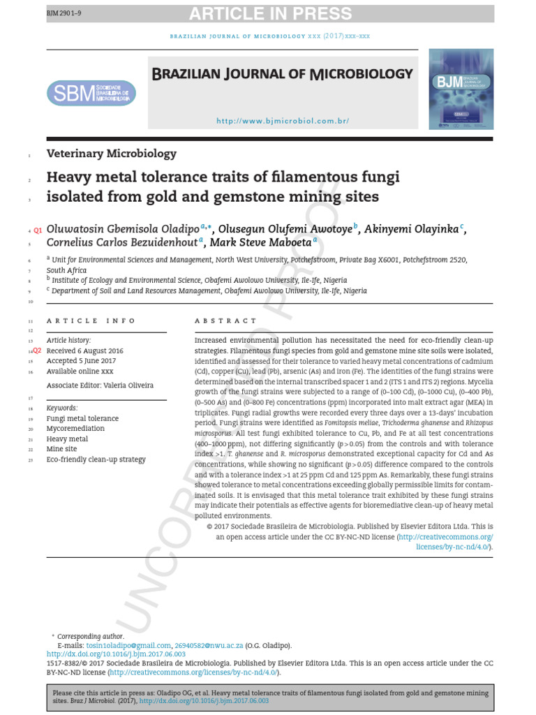 Heavy Metal Tolerance Traits of Filamentous Fungi | PDF | Fungus ...