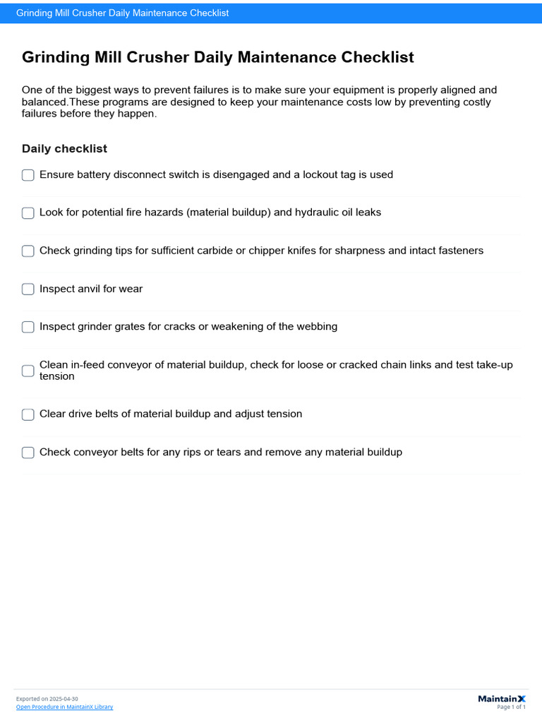 Grinding Mill Crusher Daily Maintenance Checklist | PDF