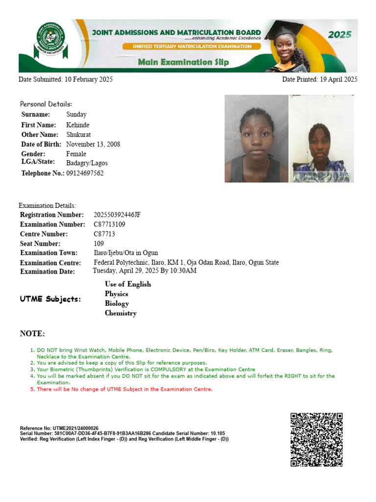 Sunday Deborah Exam Slip PDF | PDF