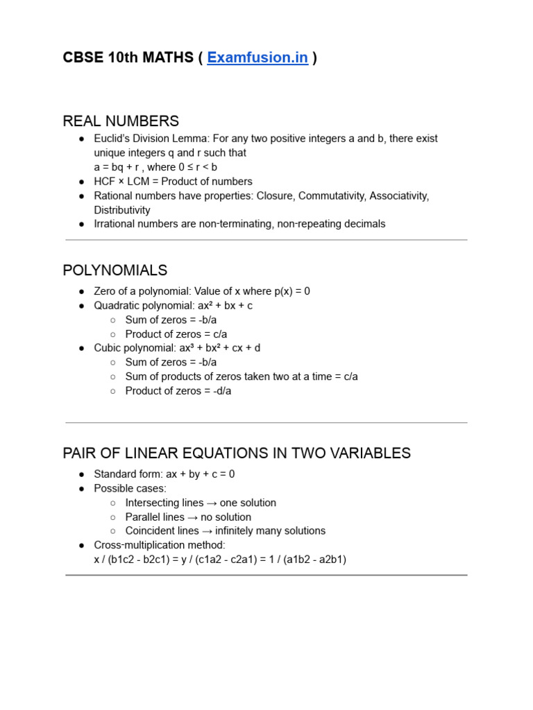 Class 10th Formula Sheet Maths | PDF | Mathematics | Number Theory