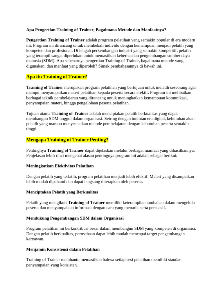 Apa Pengertian Training of Trainer | PDF