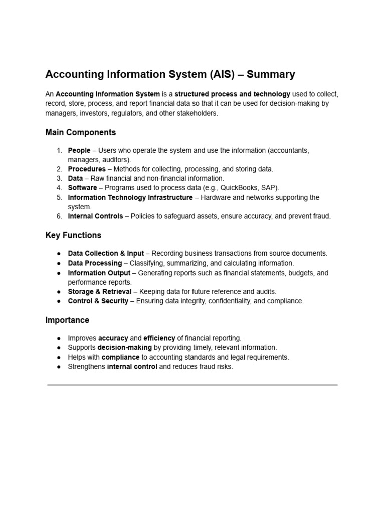 Accounting Information System (AIS) – Summary | PDF