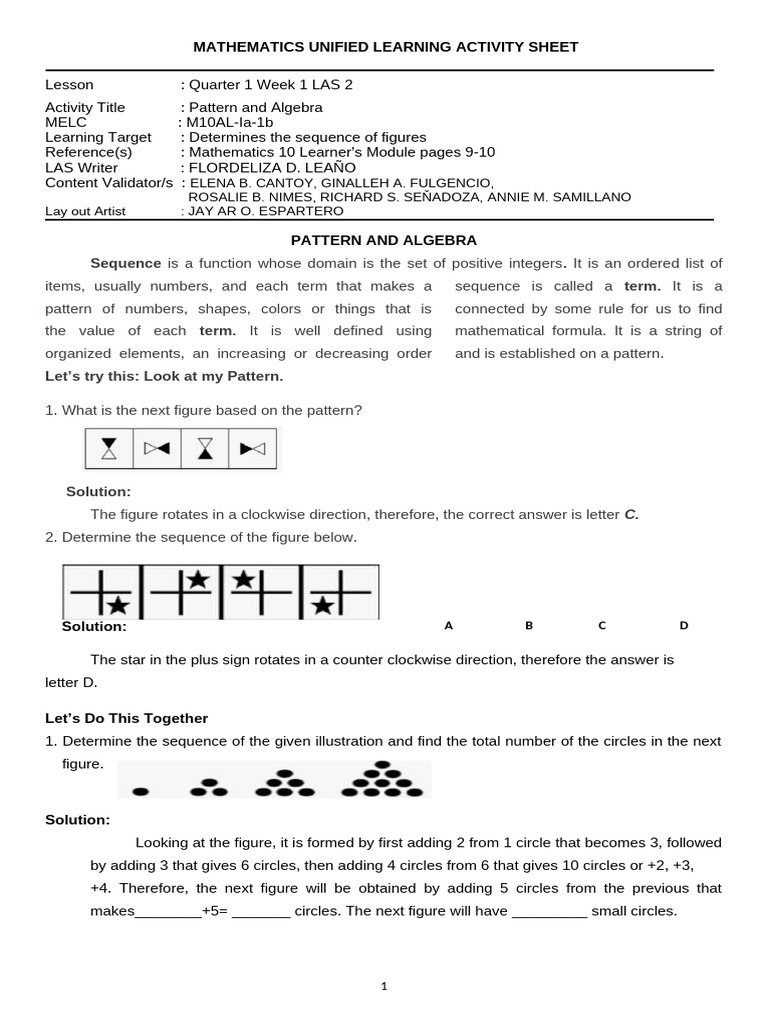 Pattern and Algebra Learning Activity | PDF | Sequence | Numbers