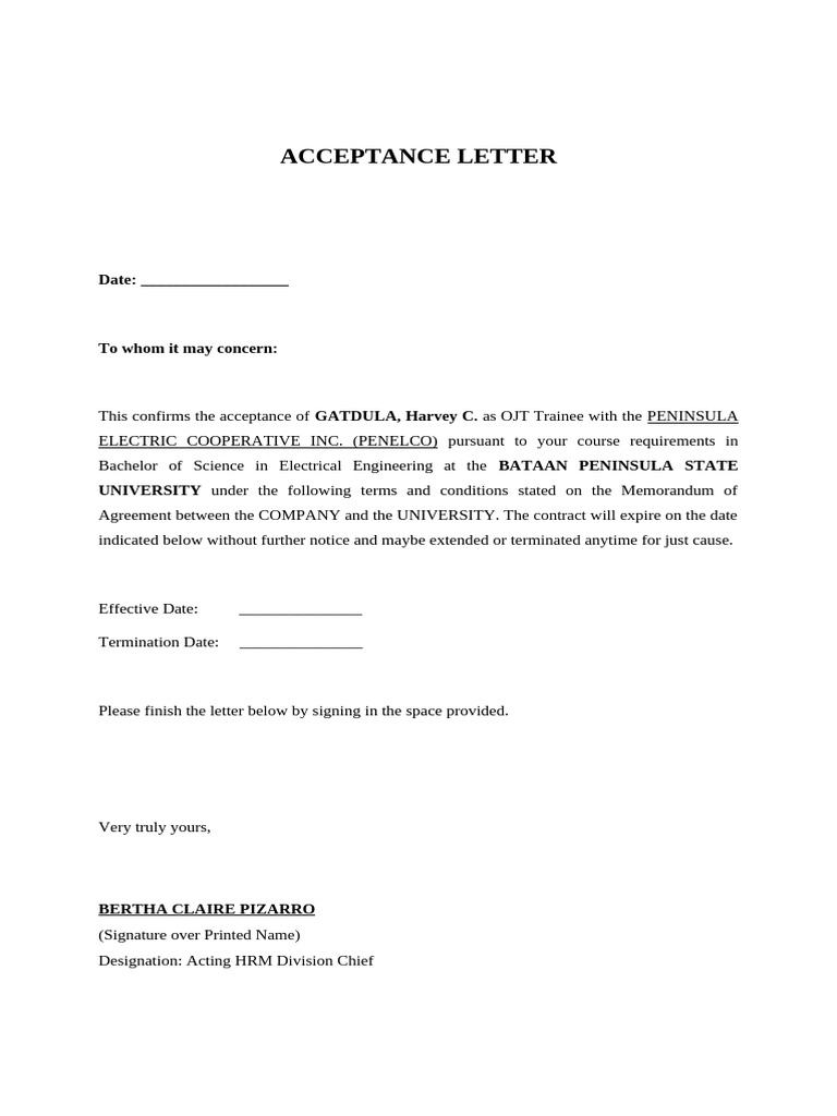 OJT Acceptance Letter for Trainee | PDF