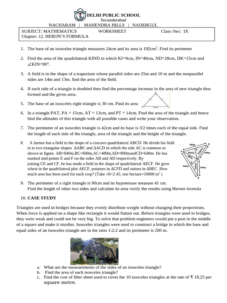 Grade 9 4. Herons Formula Worksheet - 2025-26 | PDF | Area | Triangle