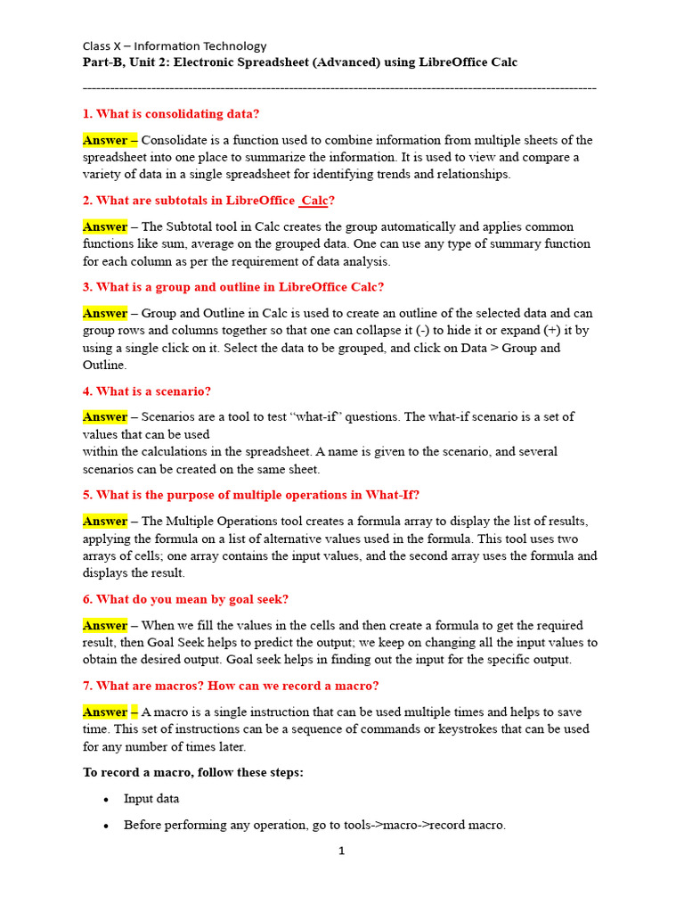 X-IT Part-B, Unit-2 Electronic Spreadsheet | PDF | Spreadsheet | Computing