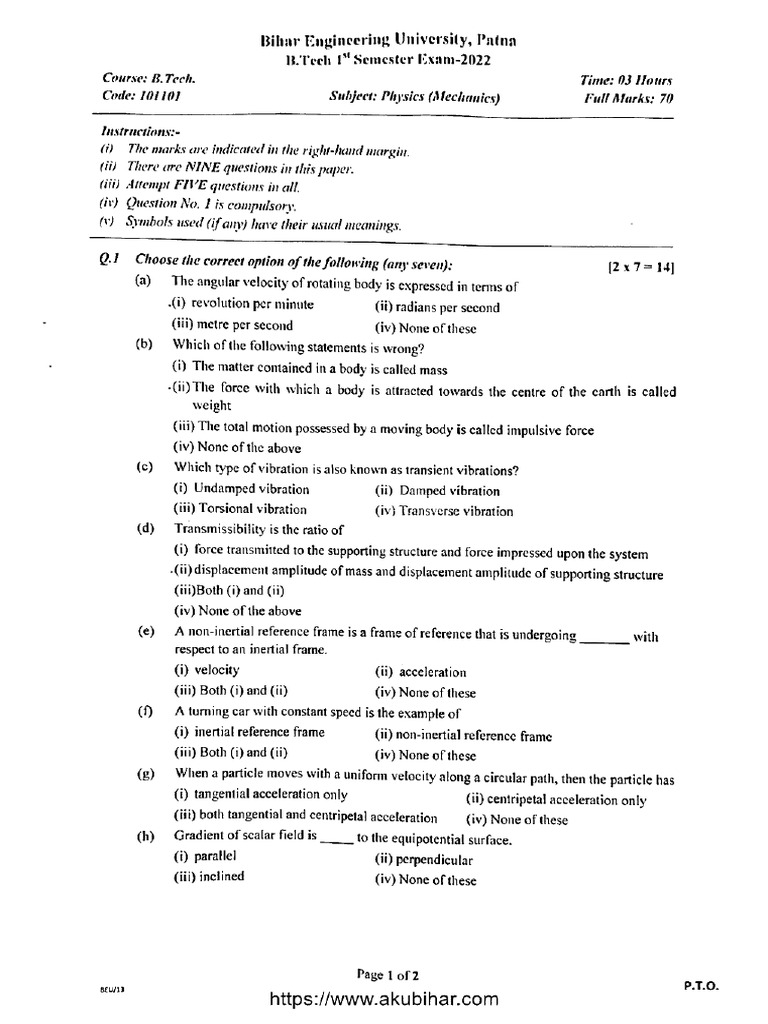 Btech 1 Sem Physics Mechanics 101101 2022 | PDF