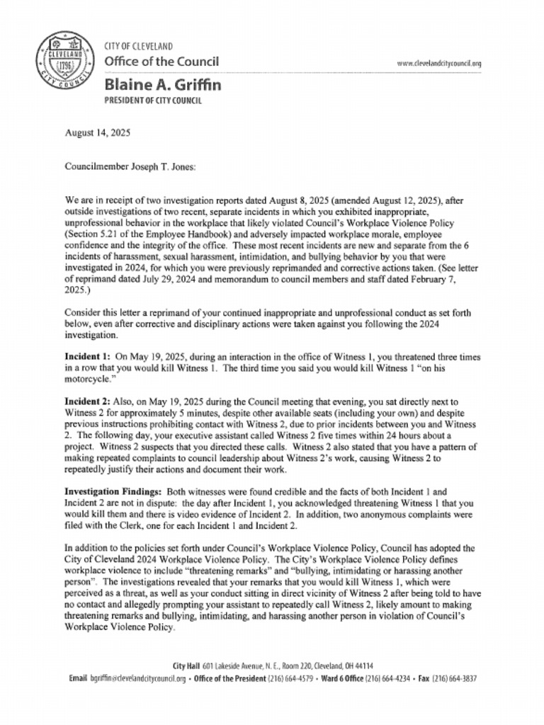 Cleveland City Council Letter To Joseph T Jones August 2025 | PDF