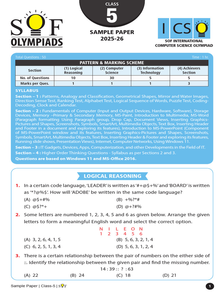 Icso Sample Paper Class-5 2025-26 | PDF | Computer Data Storage ...