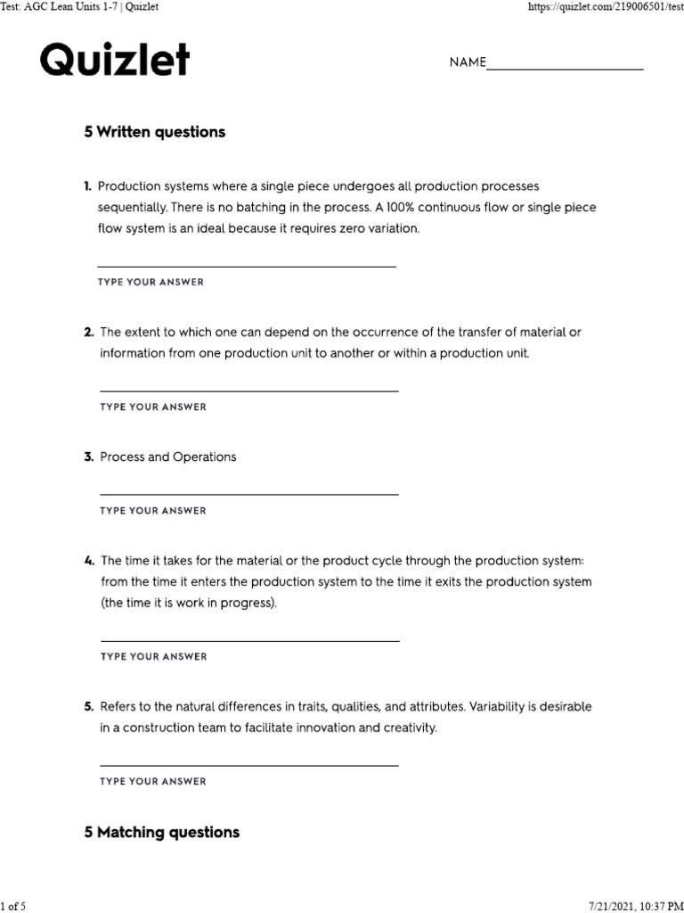 AGC Lean Manufacturing Quiz Test | PDF