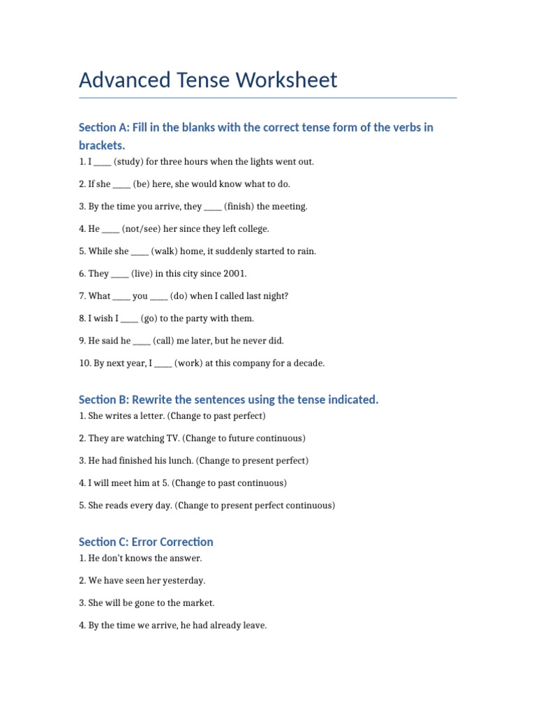 Advanced Tense Exercises Worksheet | PDF