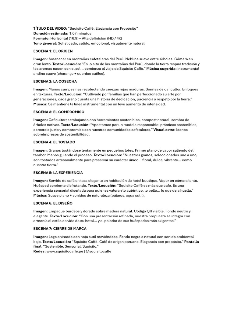Storyboard – Video de Lanzamiento Sostenible - Squisito Caffè | PDF | café