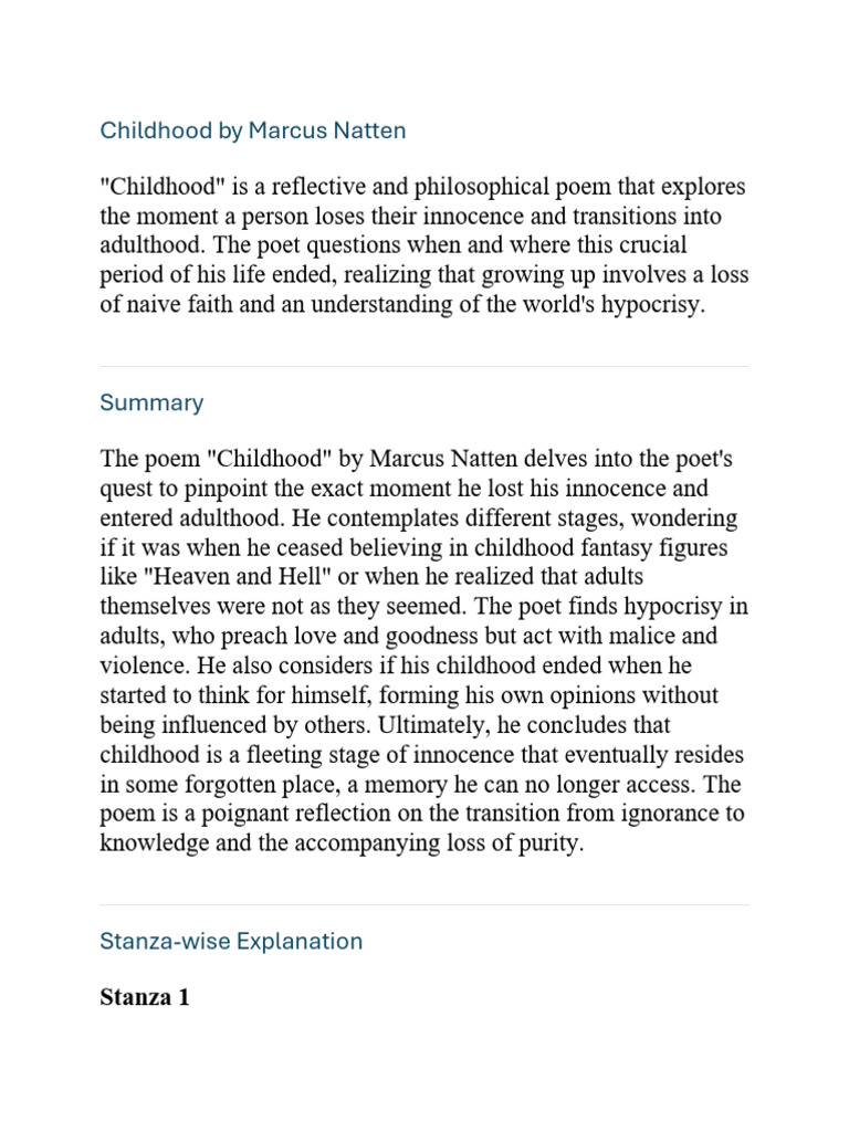 Childhood Poem | PDF | Poetry | Thought