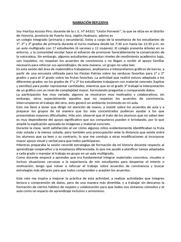 NARRACIÓN REFLEXIVA - Maritza Acosta Piro | PDF | Aprendizaje | Salón ...