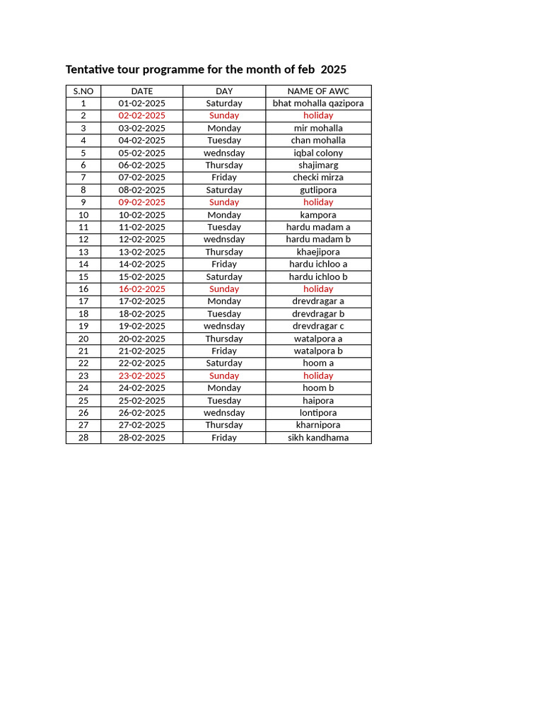 Tentative Tour Programme For The Month of Feb 2025 | PDF