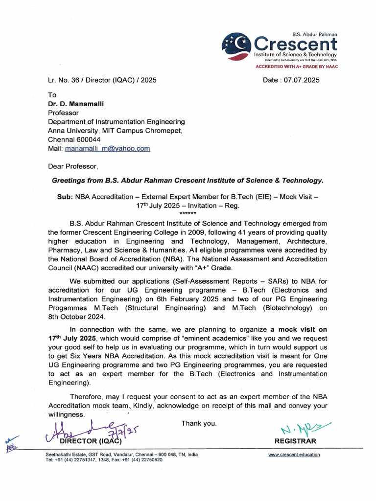 Nba External Mock Visit - Invitation Letter - Dr. D. Manamalli | PDF