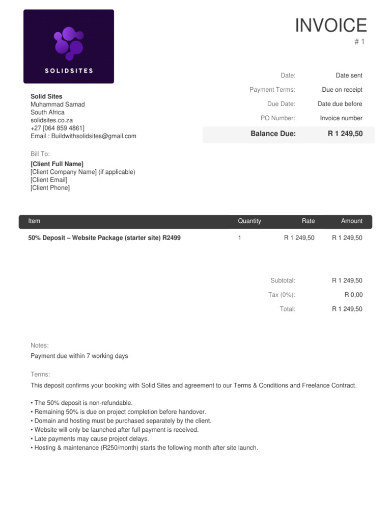 Website Package Deposit Invoice | PDF