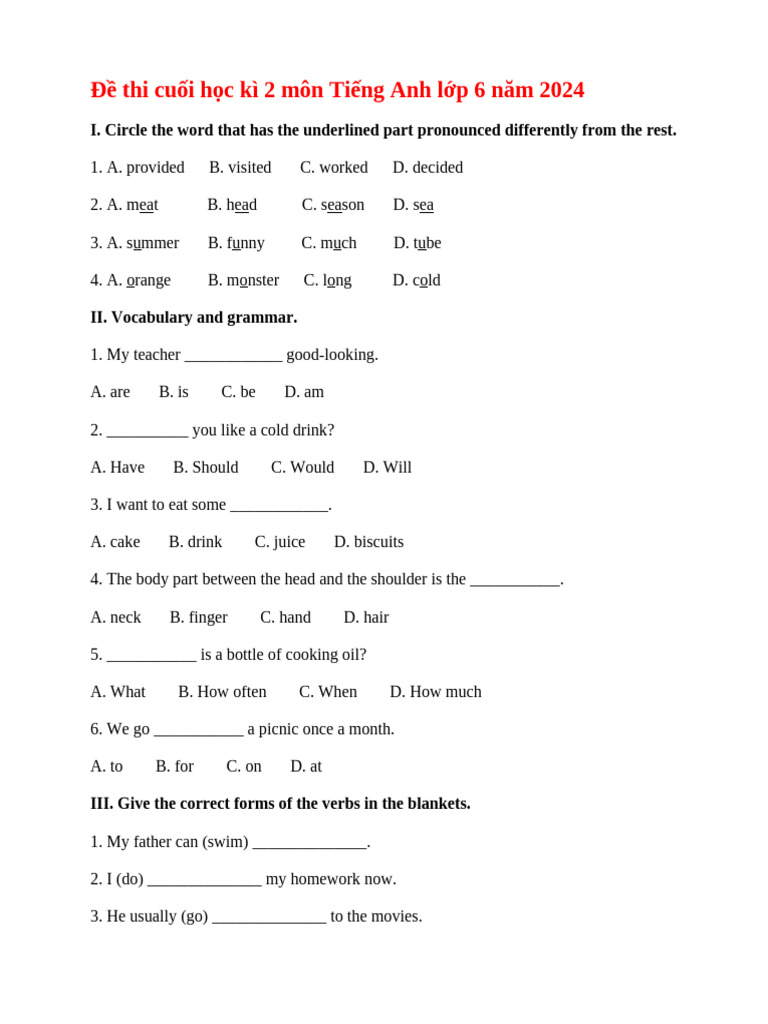 Grade 6 English Final Exam 2024 | PDF | Linguistics