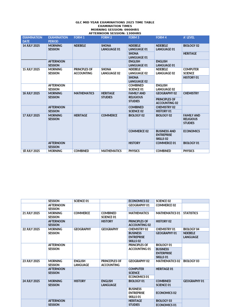 GLC 2025 Mid Year Exam Timetable | PDF | Science | Inquiry