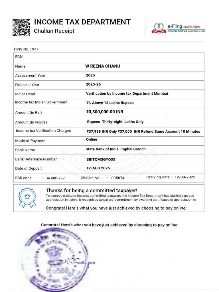 Income Tax Verification Challan W REENA CHANU | PDF