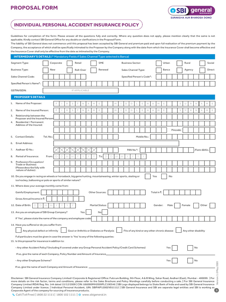SBI Personal Accident Insurance Proposal | PDF | Insurance | Cheque