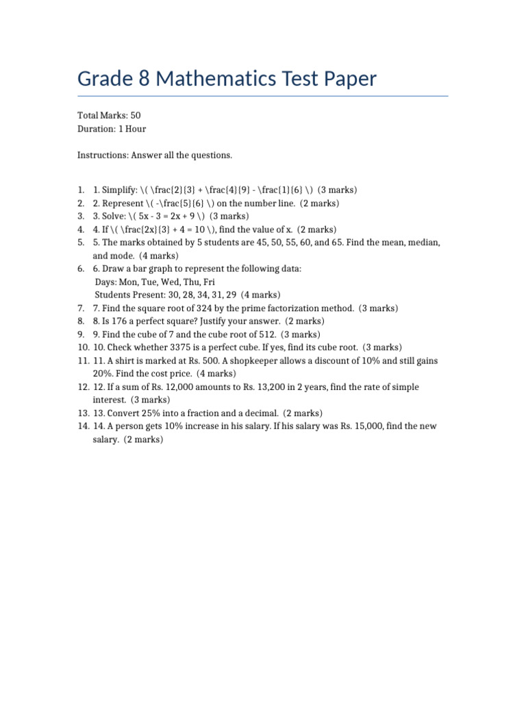 Grade 8 Math Test Paper | PDF