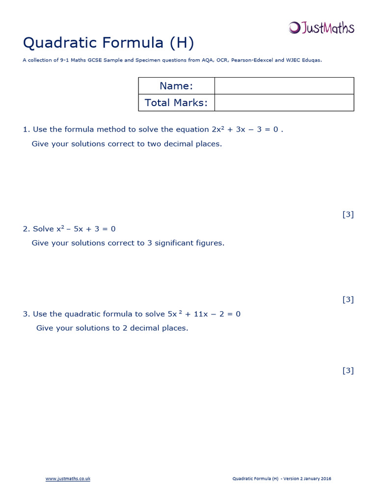 Algebra H Quadratic Formula v2 | PDF | Student Assessment And ...