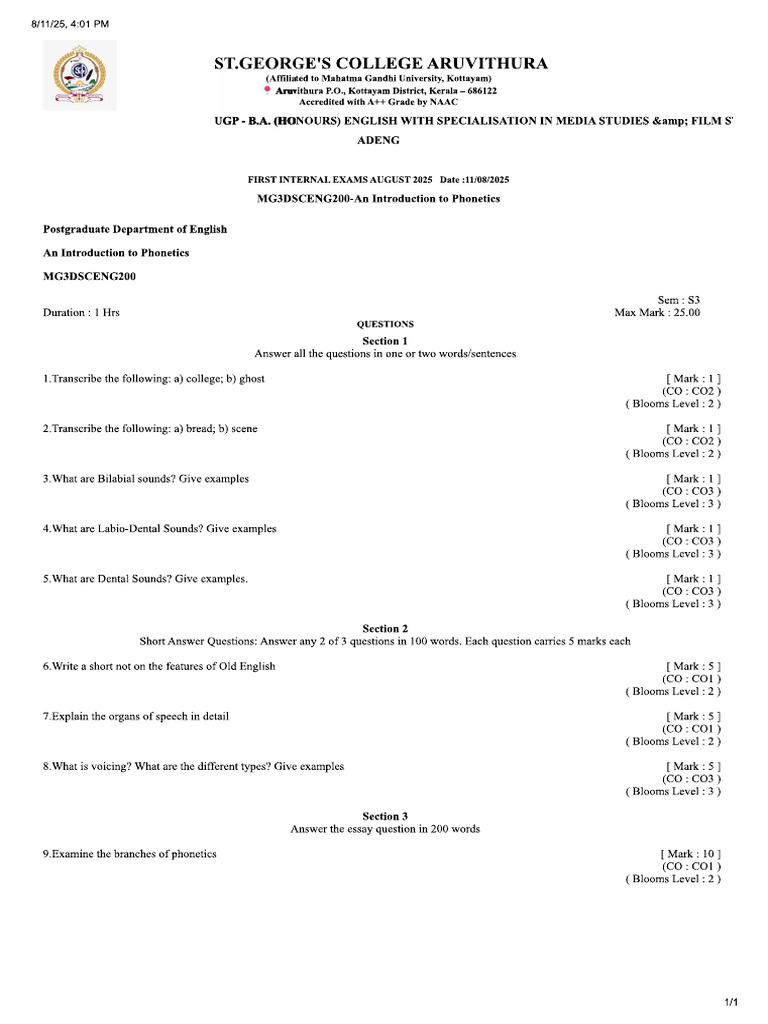 Question Paper - An Introduction To Phonetics August 2025 Third Semester | PDF