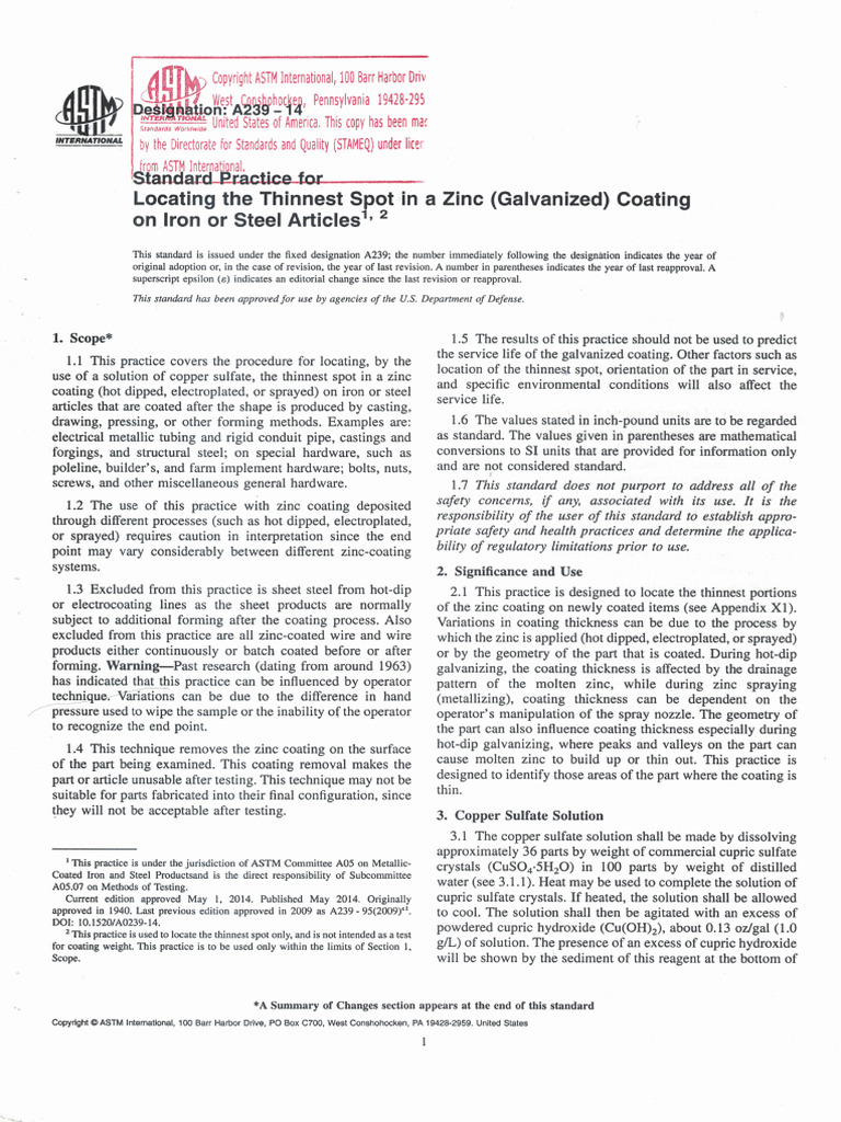 ASTM A239-14 Practice For Locating The Thinnest Spot in A Zinc ...