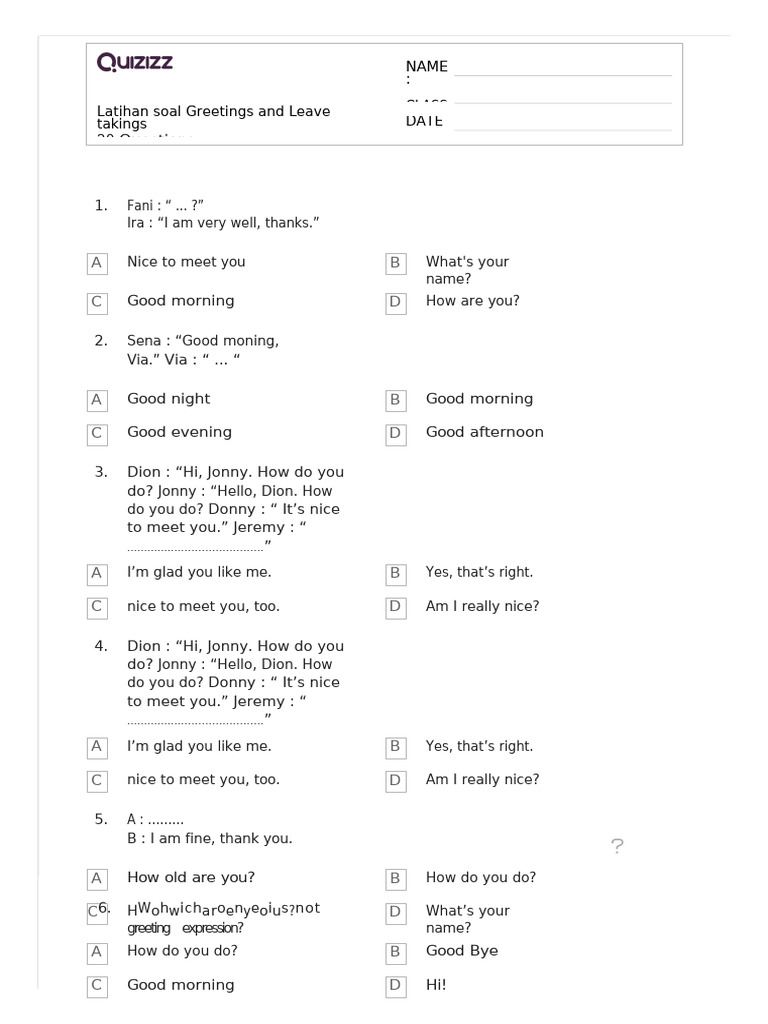 Latihan Soal Greetings and Leave Takings | PDF | Chess Theory | Chess