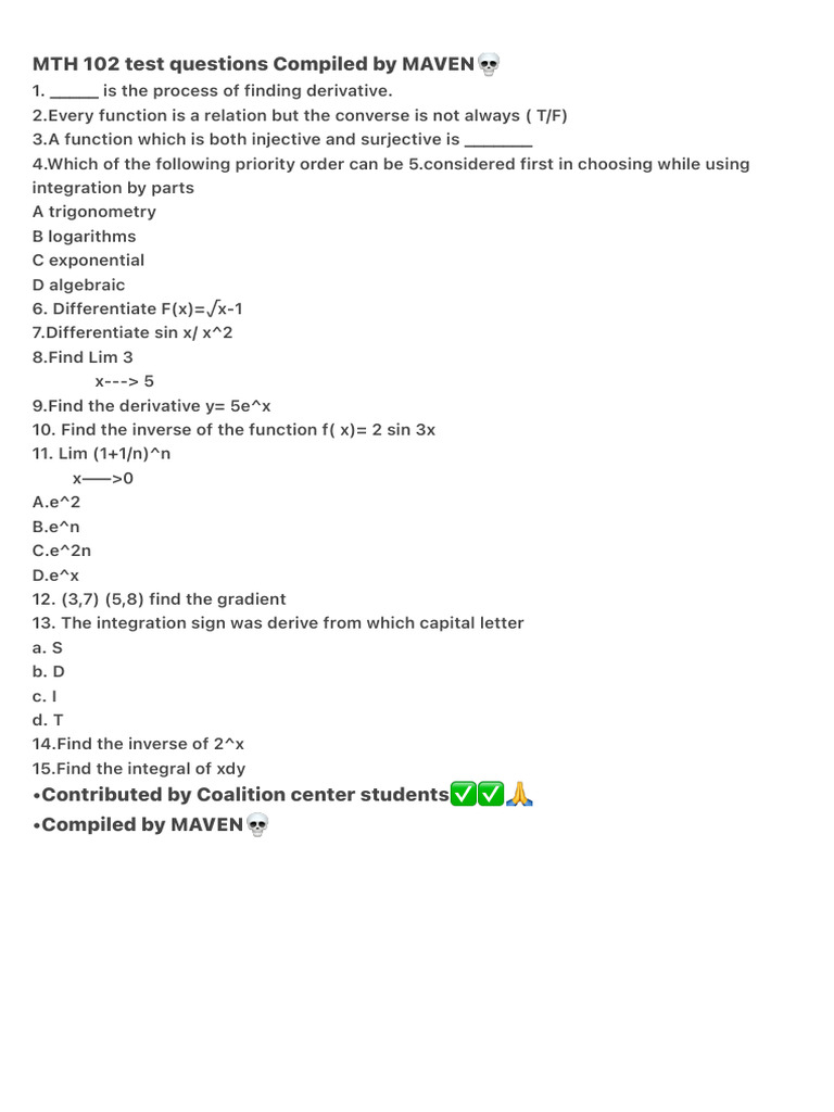 MAVEN MTH 102 Test Questions | PDF