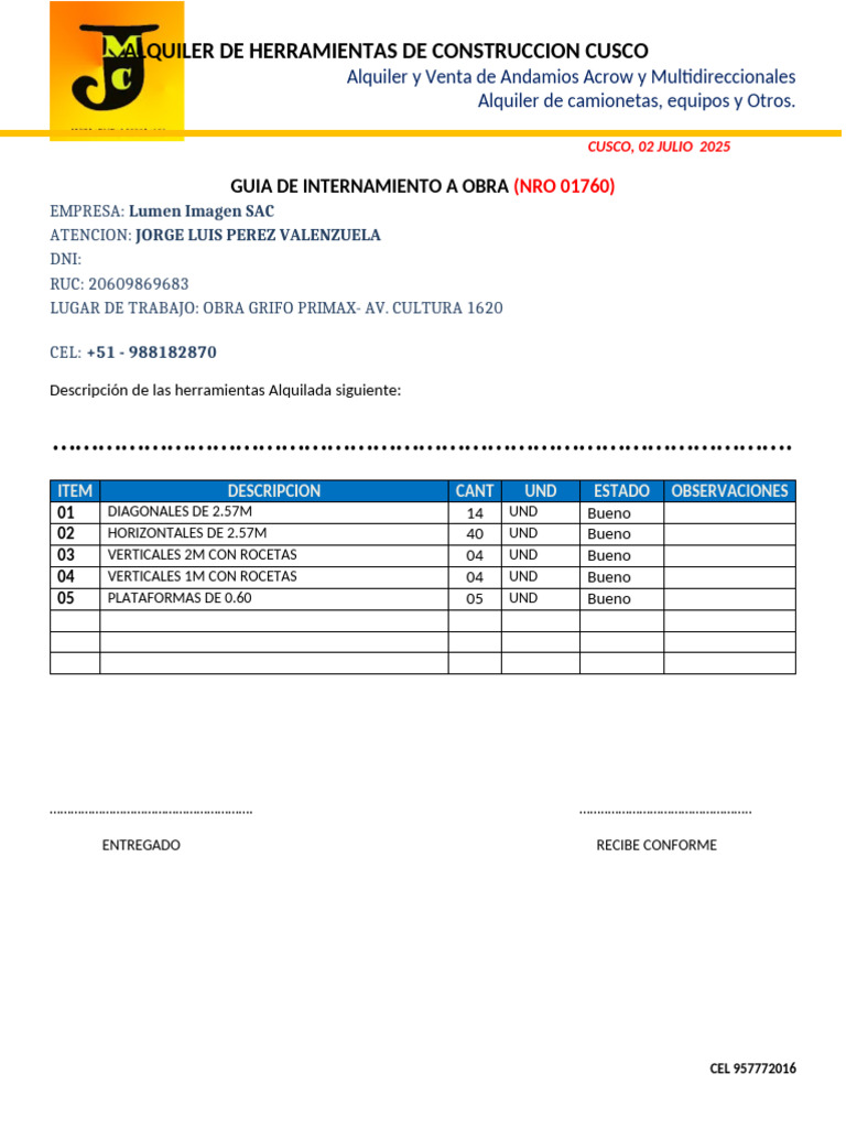 Guia de Internamiento - Jmc -02!07!2025-Grifo -Urubamba | PDF