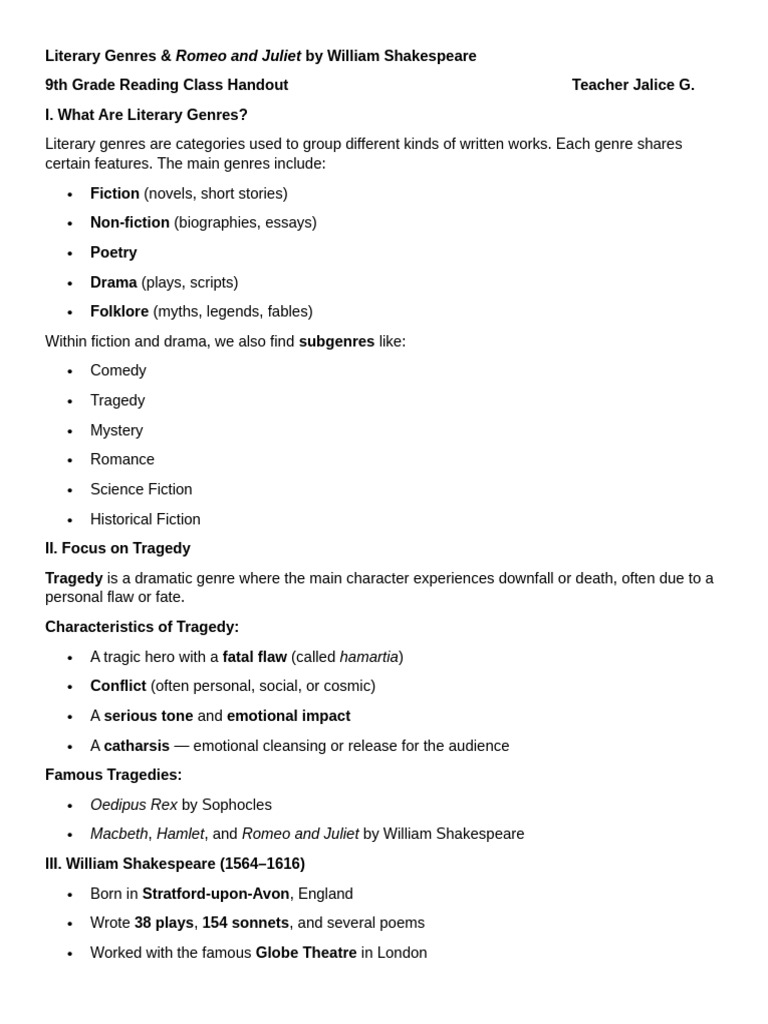 Genre Analysis of Romeo and Juliet | PDF | Tragedy | Play (Theatre)