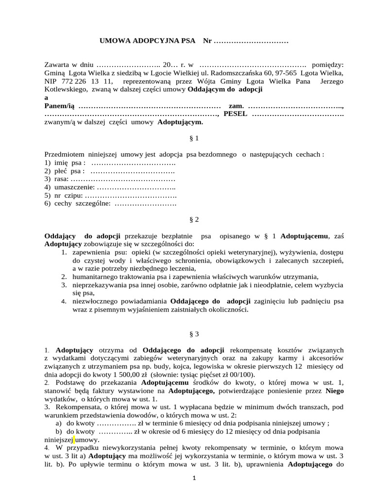 Umowa Adopcyjna Psa 2024 | PDF