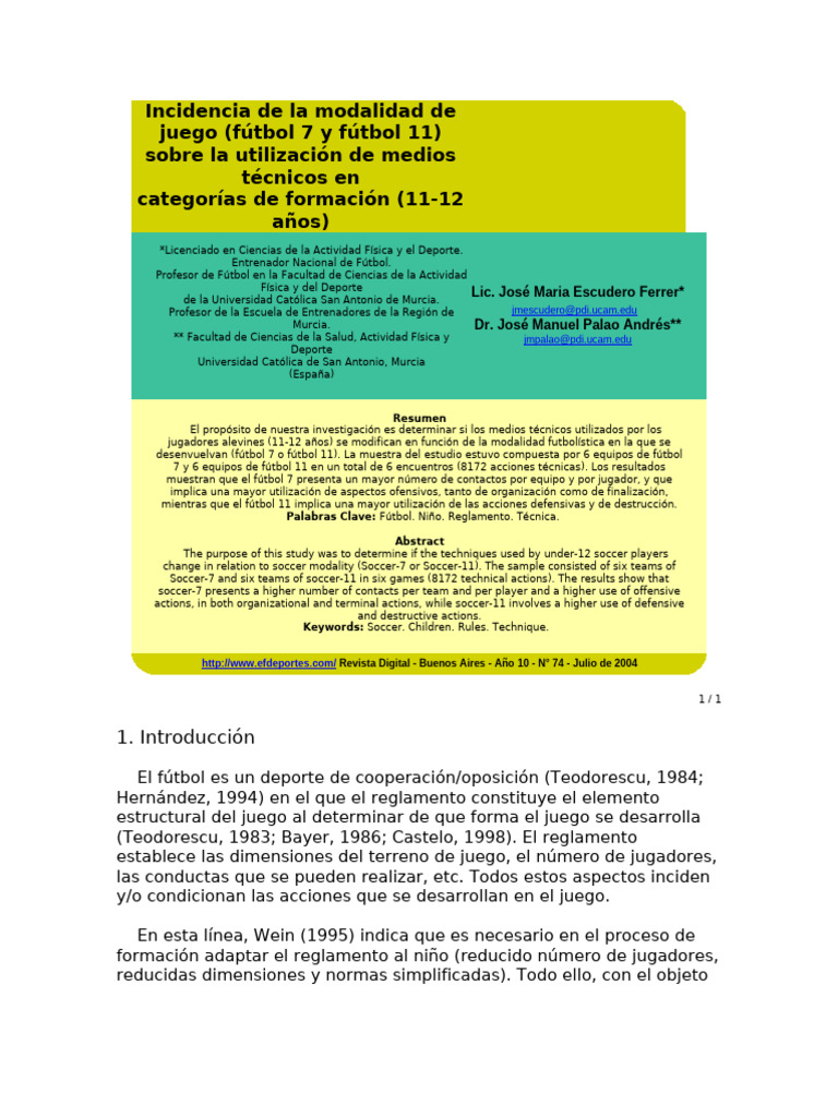 Articulo Incidencia De La Modalidad De Juego Fut 7 Y Fut 11 Pdf