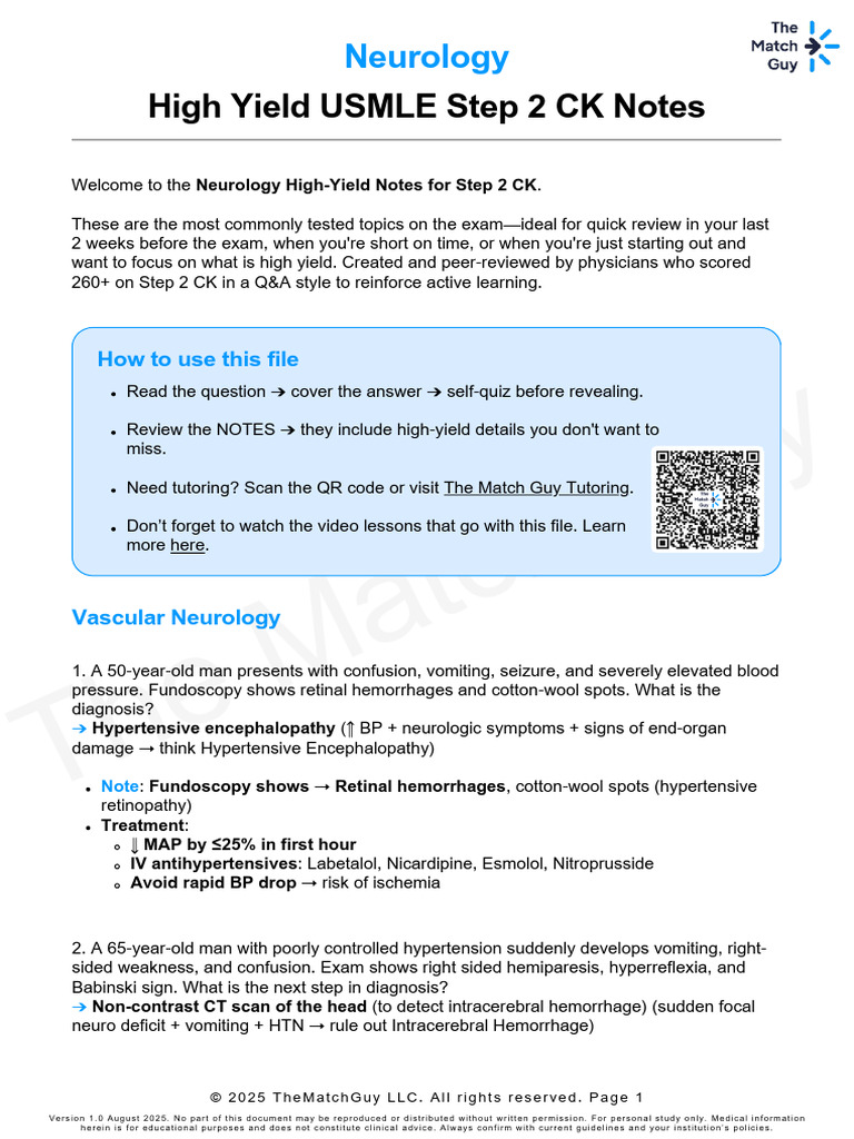 High-Yield Neurology Notes for USMLE | PDF | Dementia | Back Pain