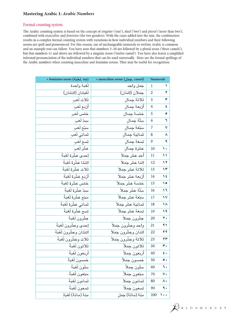Arabic Numbers: 1 to 100 Guide | PDF | Grammatical Gender | Grammatical ...