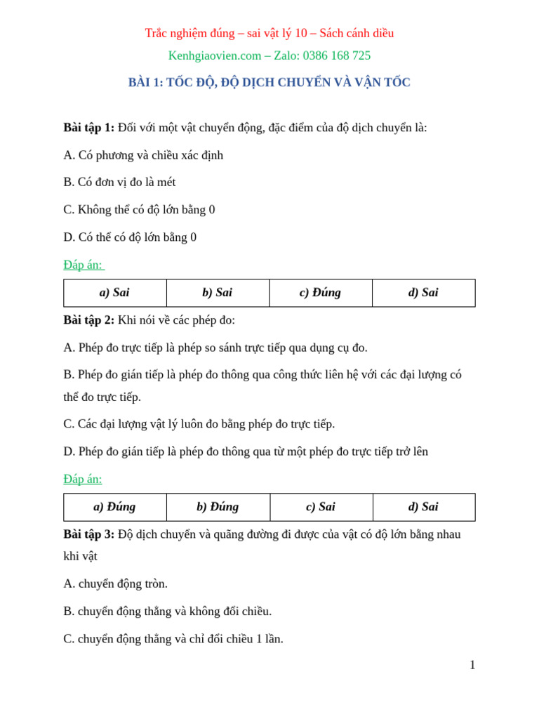 TN Dung Sai Vat Ly 10 CD Bai 1 Toc Do Do Dich Chuyen Va Van Toc | PDF