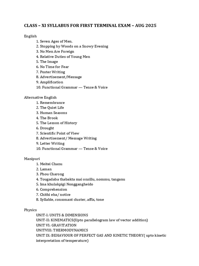Xi Syllabus Terminal Exam | PDF