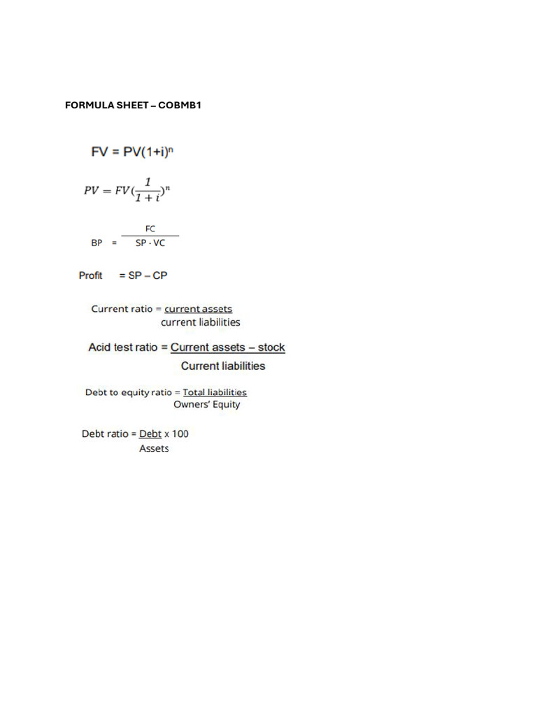 Cobmb1 Formula Sheet 2024 | PDF