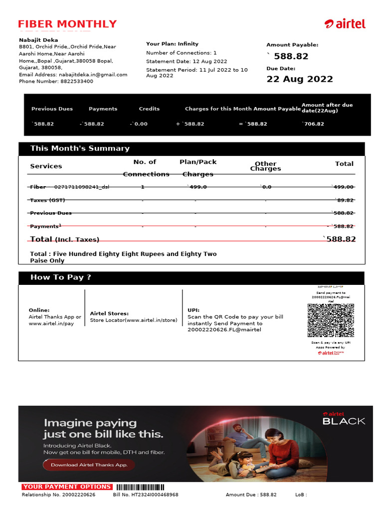 Fiber Bill Aug 2022 - 588 | PDF | Cheque | Money